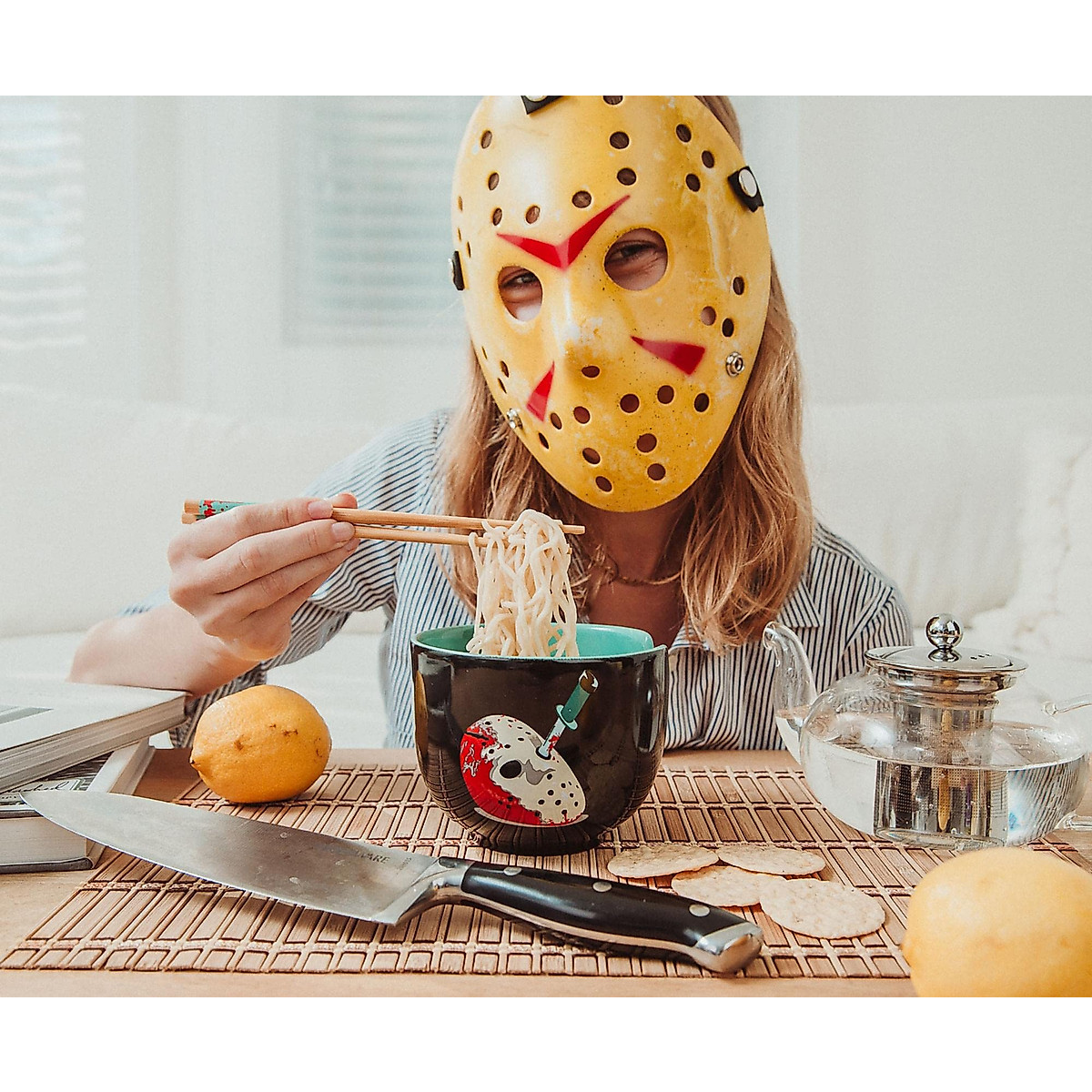 FRIDAY THE 13TH Jason Voorhees 20-Ounce Ramen Bowl and Chopstick Set Blue (WBH701KD)