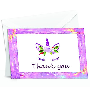 Unicorn Thank You Cards - 4x7 Inches of 50 Purple and Pink Unicorn Design Blank Card Notes with Envelopes - Perfect for Kids and Birthday Parties, Write Happy Gift-Notes for Baby, Graduation, Weddings