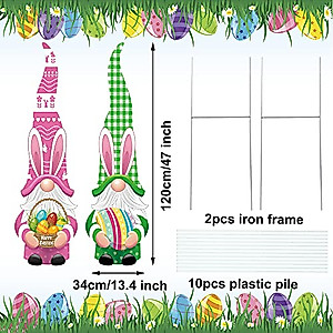 Easter Gnome Yard Signs 2 PCS Easter Bunny Eggs Garden Signs 47 Inch Large Plastic Outdoor Signs Pink Green Gnome Lawn Sign with Stakes H Frames for Spring Holiday Party Decor Patio Pathway