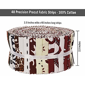 Soimoi 40Pcs Asian Block Print Cotton Precut Fabrics for Quilting Craft Strips 2.5x42inches Jelly Roll - Maroon, White, Pale Yellow, Brown