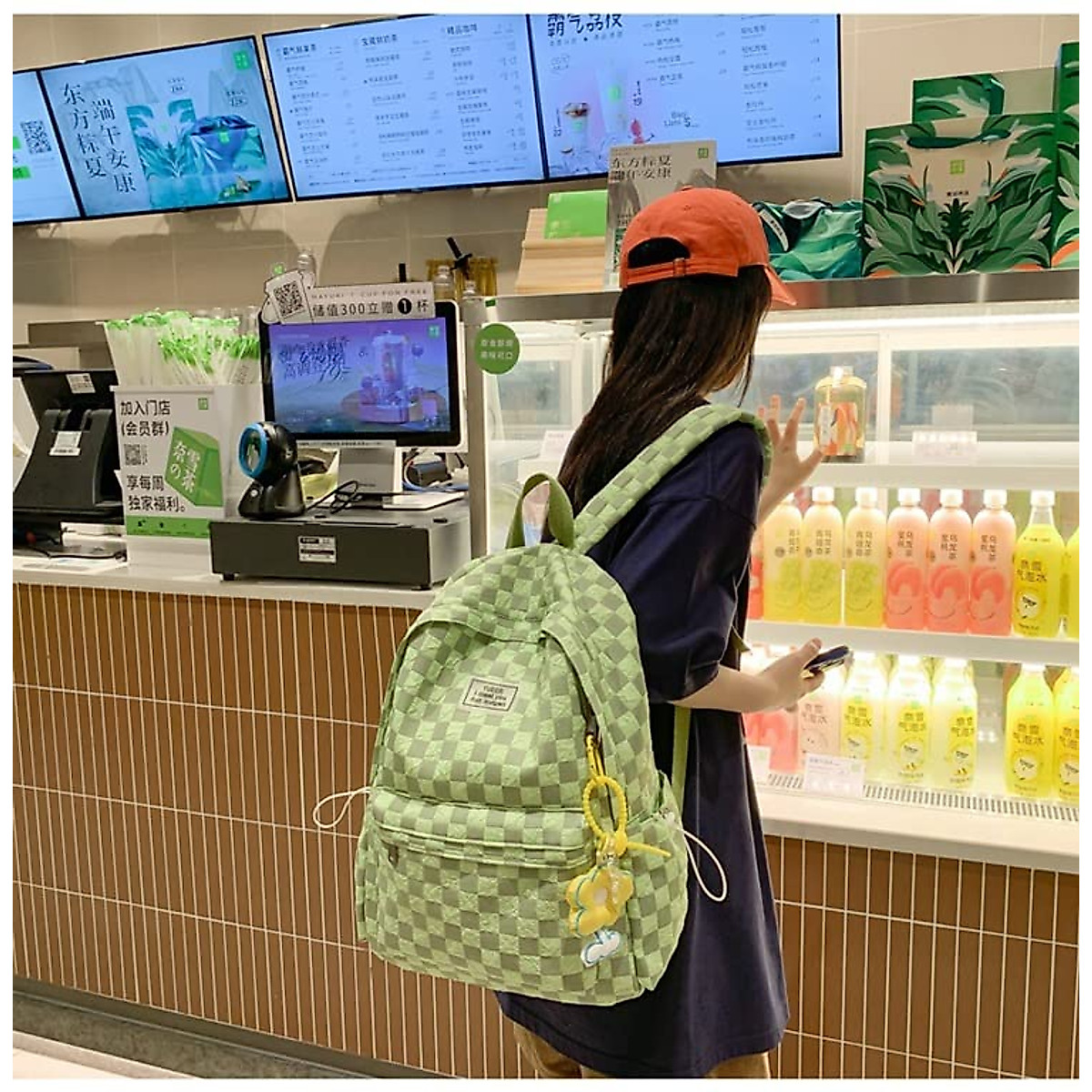 Kawaii Backpack with Cute Duck Pendant, Aesthetic Checkered School Bags BookBag Japanese Ita Bag Daypack (Green), One Size