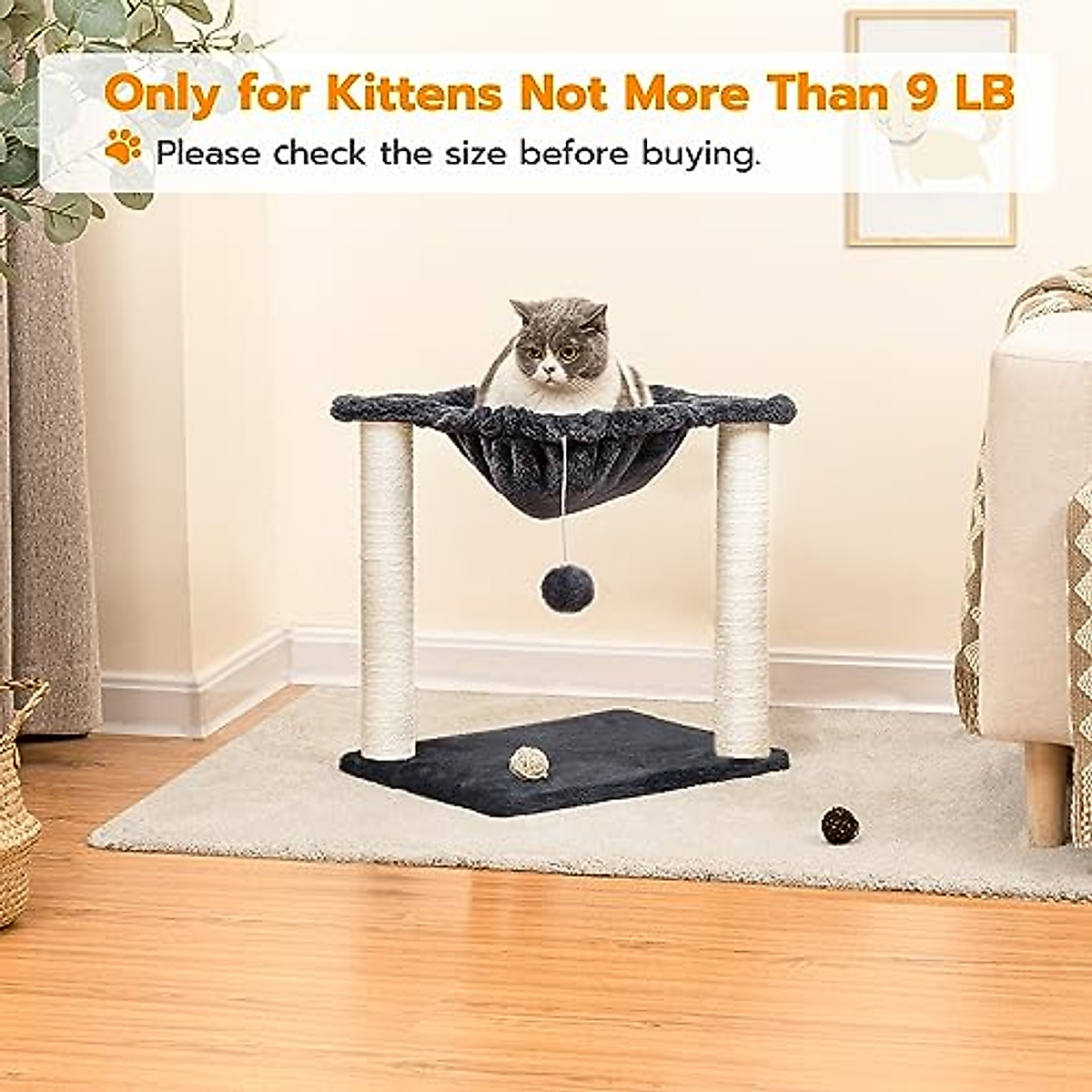 HOOBRO Cat Tree Tower for Indoor Cat, Small Cat Pet House Furniture for Kitten, 15.7 x 11.8 x 16.5 Inches, Plush Soft Hanging Basket Perch Hammock, with Sisal Cat Scratching Post, Plush Toy GY08CT03