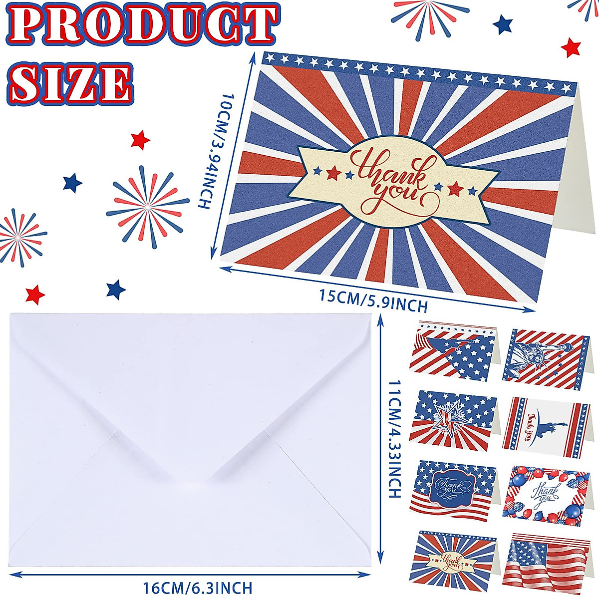 Ctosree 160 Sets Patriotic Thank You Cards with Envelopes Include 160 Pcs Bulk American Flag Notecards with 160 Pcs White Envelopes American Flag Greeting Cards for Veterans Memorial Independence Day