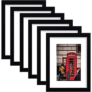 PWTAKO 5x7 Picture Frame Set of 6, Display Pictures 4x6 with Mat or 5x7 Without Mat for Wall Mounting or Table Top Display,Black