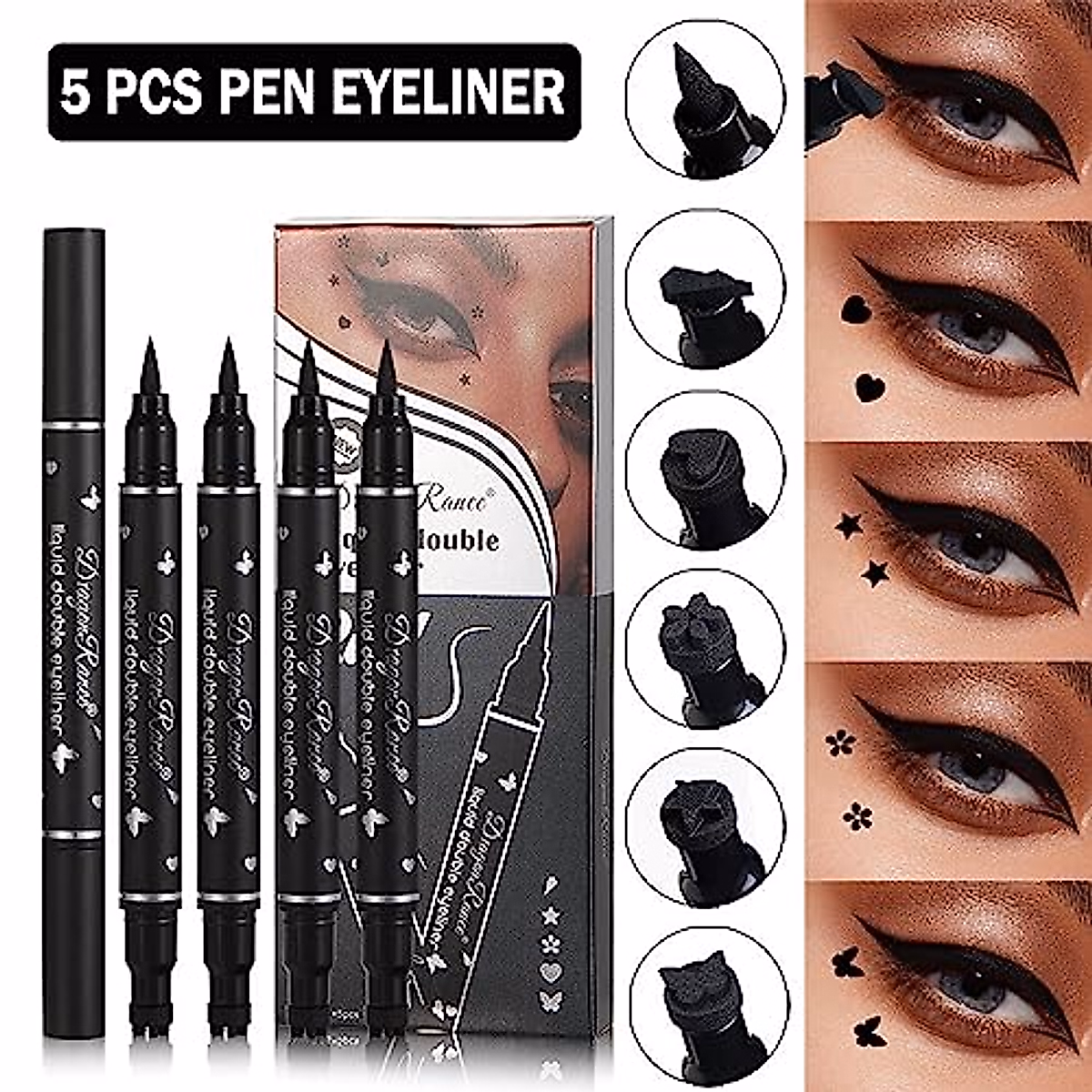 5PCS Eyeliner Stamp Set Liquid Winged Eyeliner Stamp Pen Double-headed Black Eye Liner Pencil long-lasting Waterproof Stamp Eyeliner Set for Eye Makeup - Star, Heart, Flower, Butterfly, Triangle