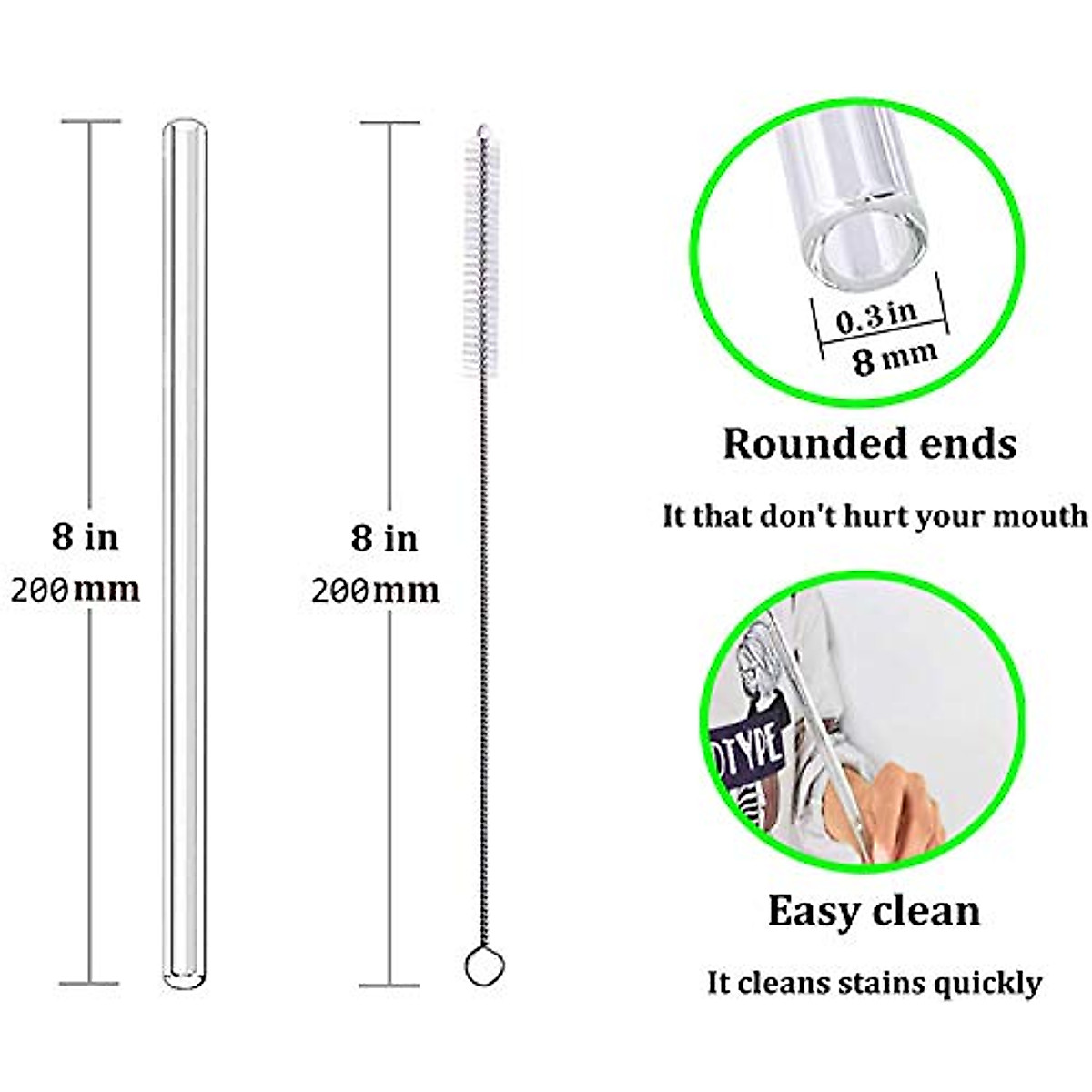 10 Pack Glass Straws, Reusable Glass Drinking Straws, With 10 Straight Smoothie Straws and 2 Cleaning Brush, Reusable Straws For Coffee, Tea, Wine, Juice, Smoothies, Frozen Drinks (8x200mm)