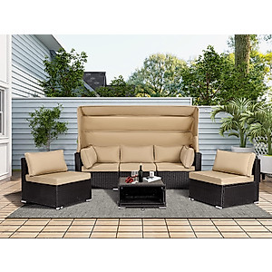 MAGIC UNION 6 Pieces Patio Furniture Sets Daybed with Retractable Canopy, Outdoor Rattan Sectional Sofa Set, Wicker Patio Seating Chairs with Adjustable Backrest for Backyard,Garden,Poolside (Khaki)