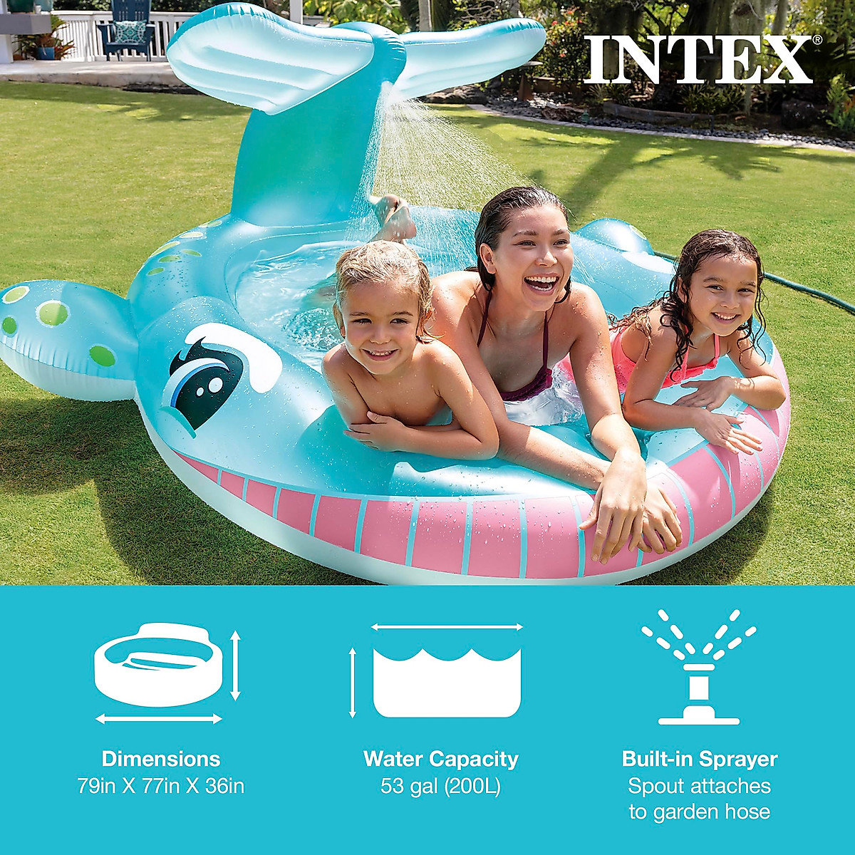 Intex Inflatable Whale Kiddie Pool: Built-in Water Sprayer – Convienient Drain Plug – Durable Vinyl – 79" x 77" x 36" – Ages 3+
