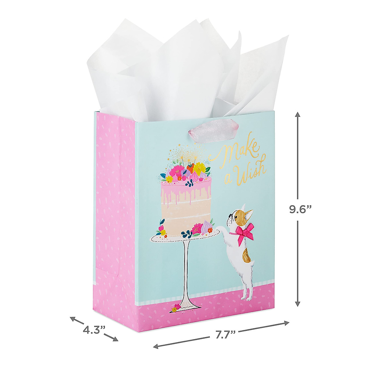 Hallmark 9" Medium Birthday Gift Bag with Tissue Paper (Make a Wish Cake and Pug Puppy)