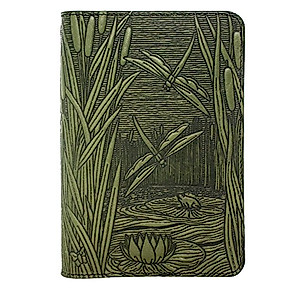 Oberon Design Dragonfly Pond Pocket Notebook Cover, Fits Many 5.5 x 3.5 Inch Notebooks, Embossed Genuine Leather, Fern Color, Made in the USA