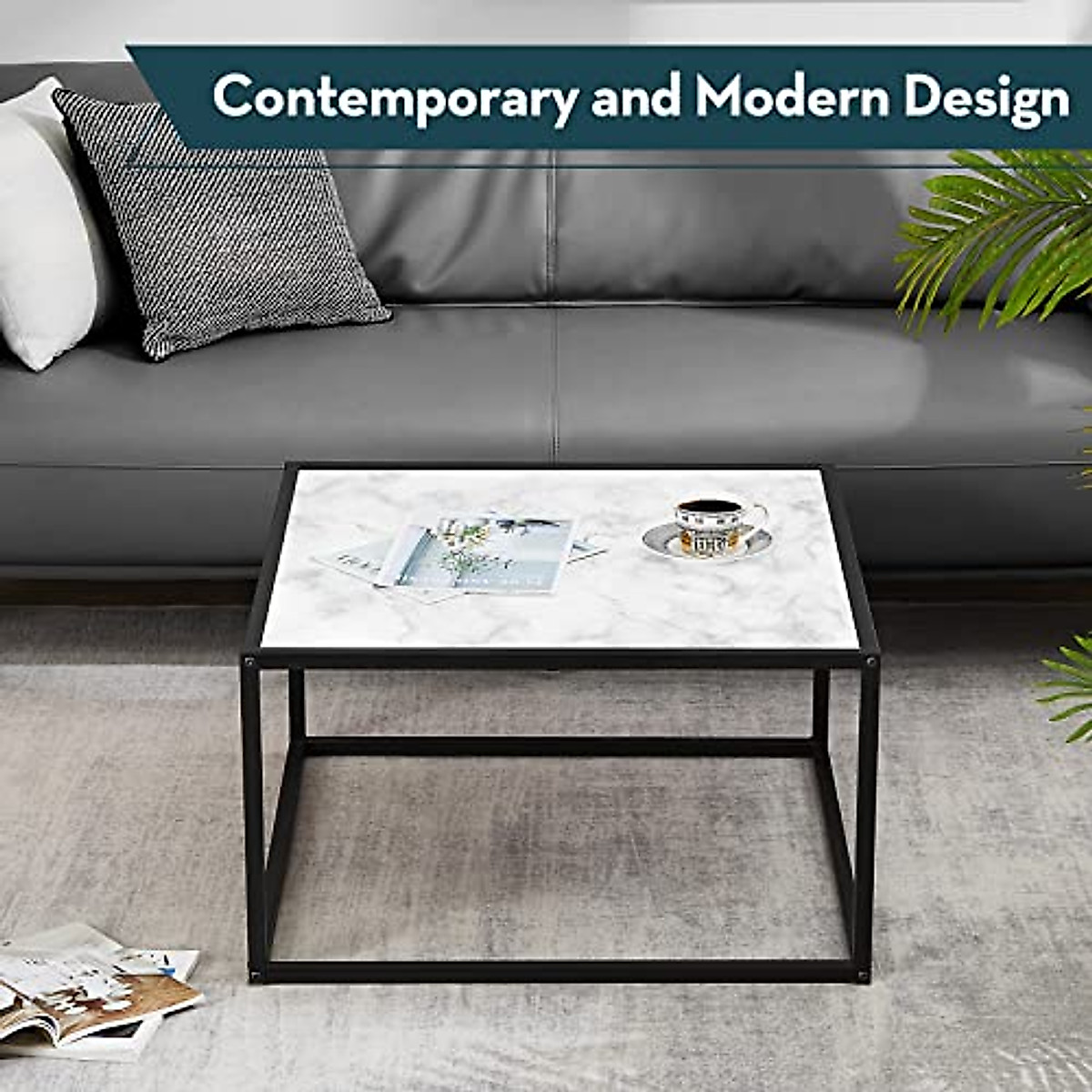 SAYGOER Marble Coffee Table Small Square Coffee Tables Simple Modern Center Table for Living Room Home Office 27.6 * 27.6 * 15.7, Easy Assembly, White Faux Marble