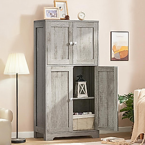 Iwell Storage Cabinet, Bathroom Cabinet with 4 Doors & 2 Adjustable Shelves, 6 Adjustable Heights, Cupboard for Living Room, Entryway, Home Office, Grey