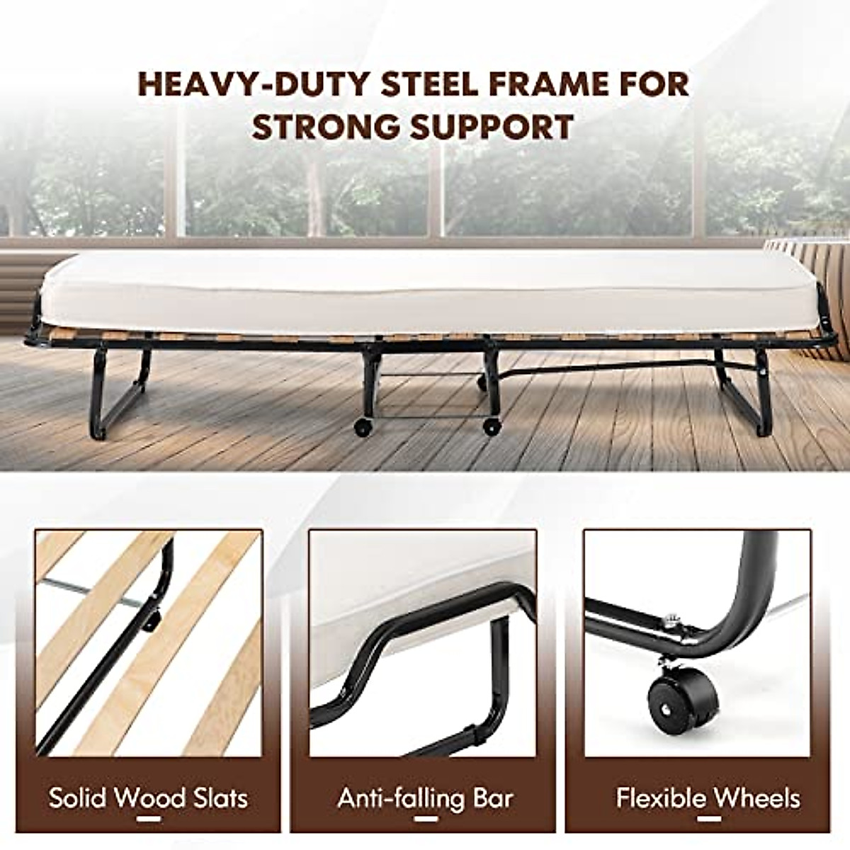 GOFLAME Folding Bed with Memory Foam Mattress, Portable Rollaway Guest Bed with Heavy-Duty Steel Frame & Rolling Casters, Sleeper Bed Cot Size for Adults & Kids, Dustproof Cover Included