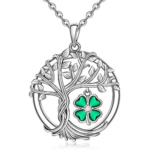 St Patricks Day Shamrock Necklace for Women Sterling Silver Tree of Life Necklace 4 Leaf Clover Pendant Good Lucky Irish Shamrock Green Clover Jewelry Holiday Gifts
