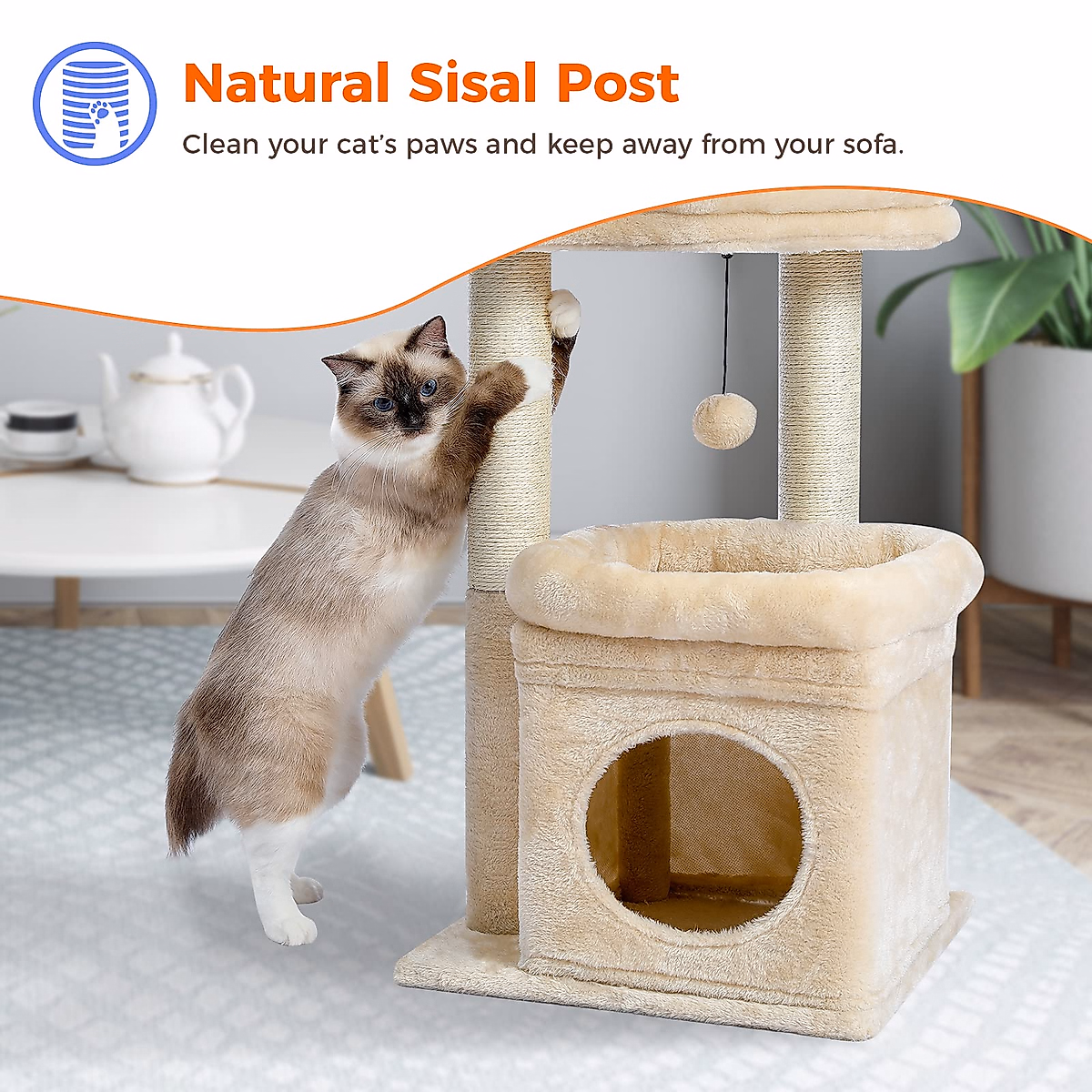 PEQULTI Cat Tree Cat Tower for Indoor Cats with Private Cozy Cat Condo, Natural Sisal Scratching Posts and Plush Pom-pom for Small Cats,Beige
