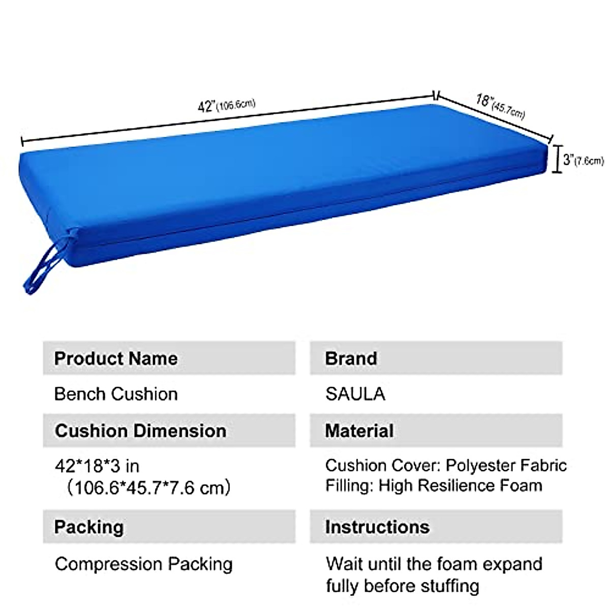 Outdoor Bench Cushion for Patio Furniture with Ties Indoor Settee Seat Replacement Pad Garden Porch Swing 42 x 18 Inch, Blue