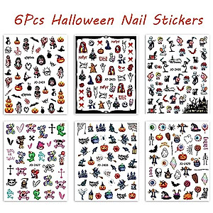 Halloween Nail Art Stickers Decals 6 Sheets Halloween Theme 3D Nail Stickers Halloween Nail Art Supplies Pumpkin Ghost Puppet Dolls Bats Terror Castle Witches Design Stickers for Women Kids