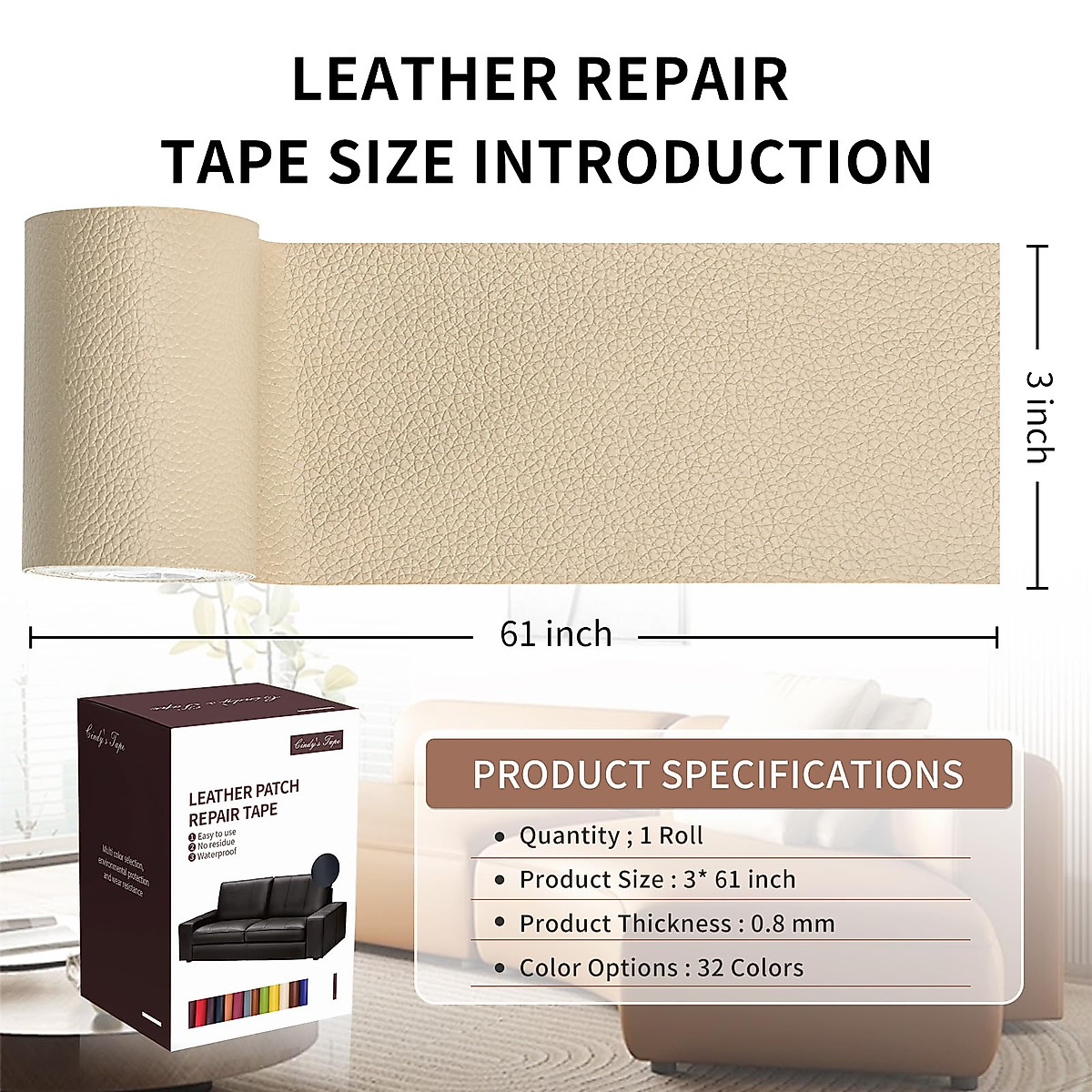 Leather Repair Patch Tape, Light Beige 3 x 61 Inches Self Adhesive Leather Repair Kit for Furniture, Car Seat,Vinyl Leather Repair Kit for Office Chairs, Couch, Sofa, Luggage
