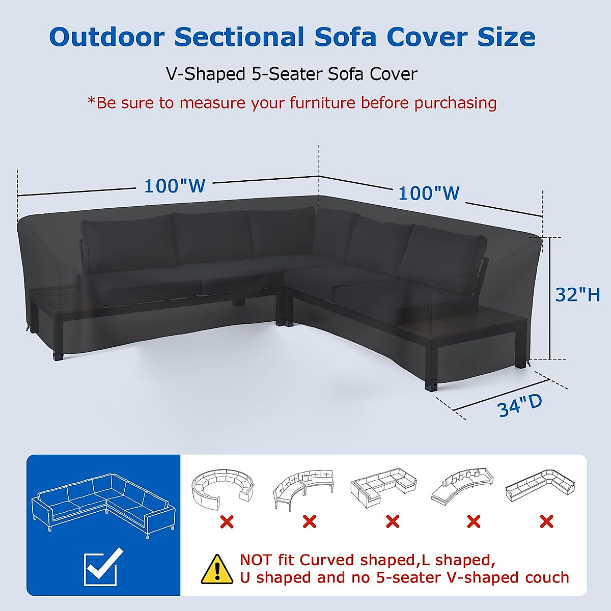 SunPatio Outdoor Sectional Sofa Cover, Patio Furniture Covers 420D Waterproof Couch Cover V-Shaped Cover for Sofa UV Resistant Windproof,All Weather Protection 100" W (on Each Side) Black