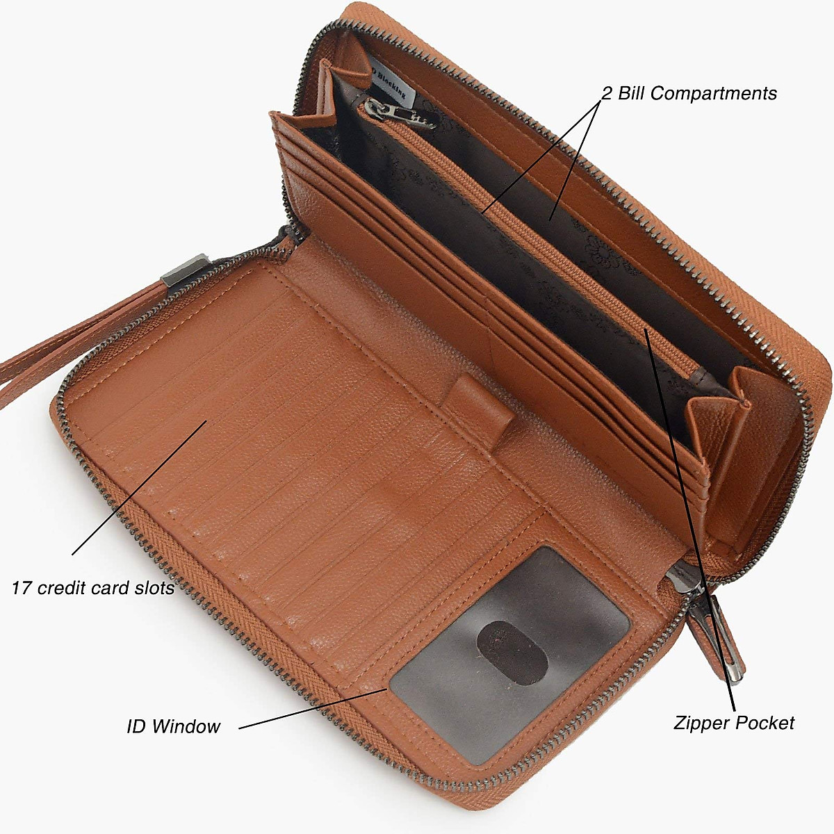 Bveyzi Women RFID Blocking Wallet Leather Zip Around Phone Clutch Large Capacity Ladies Travel Purse Wristlet (Brown)