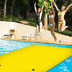 GYMAX Floating Water Pad, 9'/18' x 6' Water Foam Mat with Rolling Pillow, 3-Layer Floating Island for Pool River Lake Beach Ocean Water Activities (Yellow, 9 Feet)