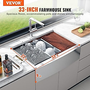 VEVOR 33 inch Farmhouse Kitchen Sink, 304 Stainless Steel Sink, Top Mount Single Bowl Kitchen Sinks with Ledge & Accessories, Household Dishwasher Sinks for Farm, Prep Kitchen, Garage and Bar Sink