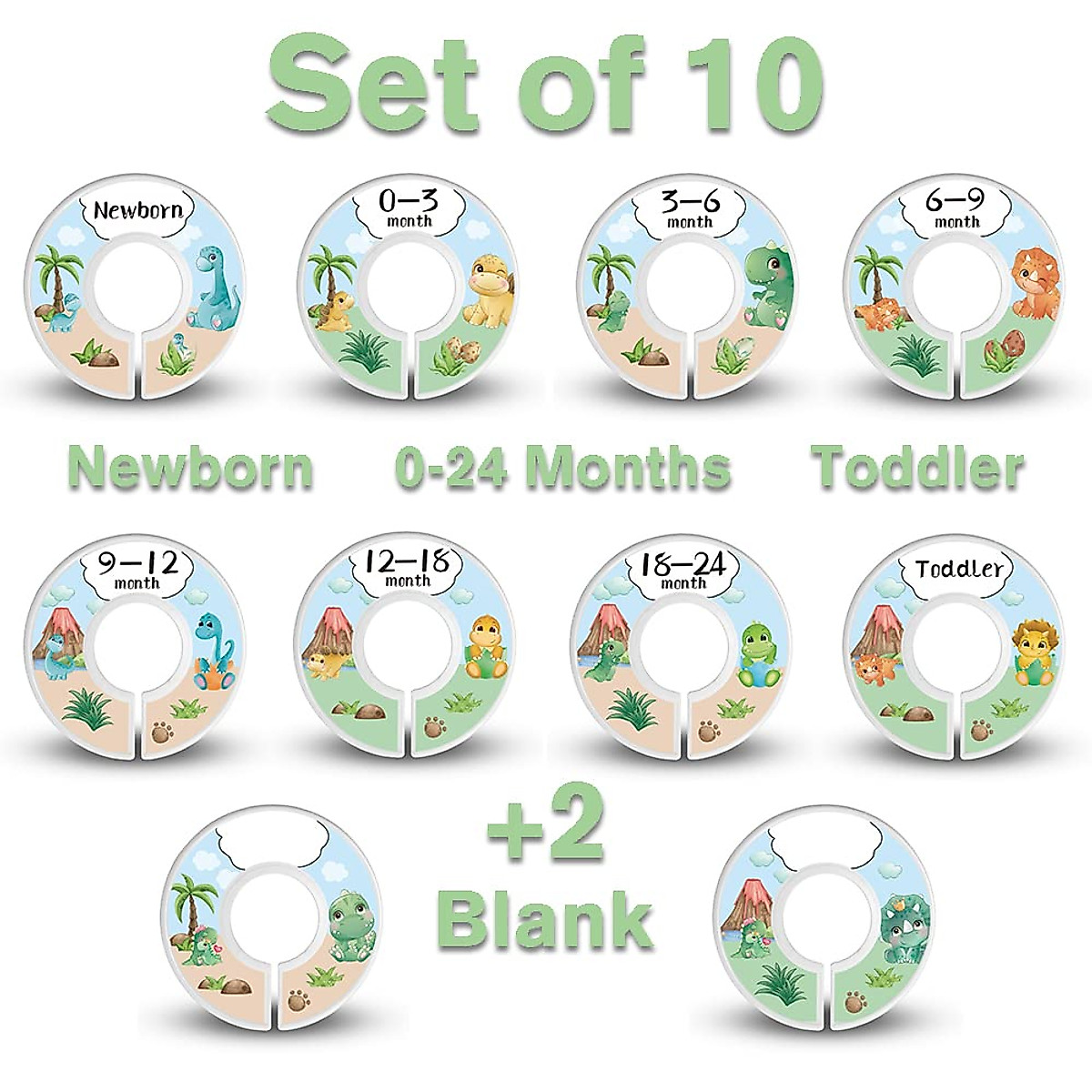 Baby Closet Dividers - Set of 10 from Newborn to Toddler and 2 Blanks with Colored Box - Dinosaur Designs Nursery Closet Size Dividers - [Dinosaur]
