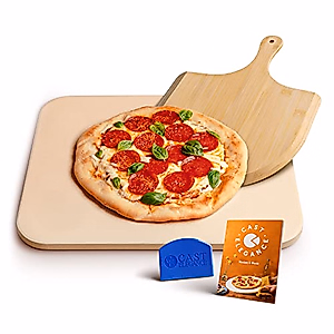Cast Elegance Durable Thermal Shock Resistant Thermarite Pizza Stone & Baking Stone for Oven & Grill, Includes Wooden Pizza Paddle, Recipe E-Book & Cleaning Scraper, Large,14x16 inch, 5/8th inch Thick