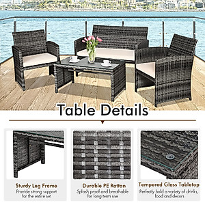 Toolsempire Outdoor Conversation Set, 4 Pieces Wicker Patio Furniture Set with Ergonomic Curved Design, Patio Chair Set with Water-Resistant Cushion & Tempered Glass Table for Backyard, Porch(Beige)