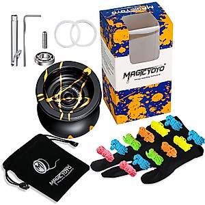MAGICYOYO N11 Professional Unresponsive Yoyo N11 Alloy Aluminum YoYo Ball (Black with Golden) with Bag, Glove, 12 Yoyo Strings and Responsive Bearing Kit