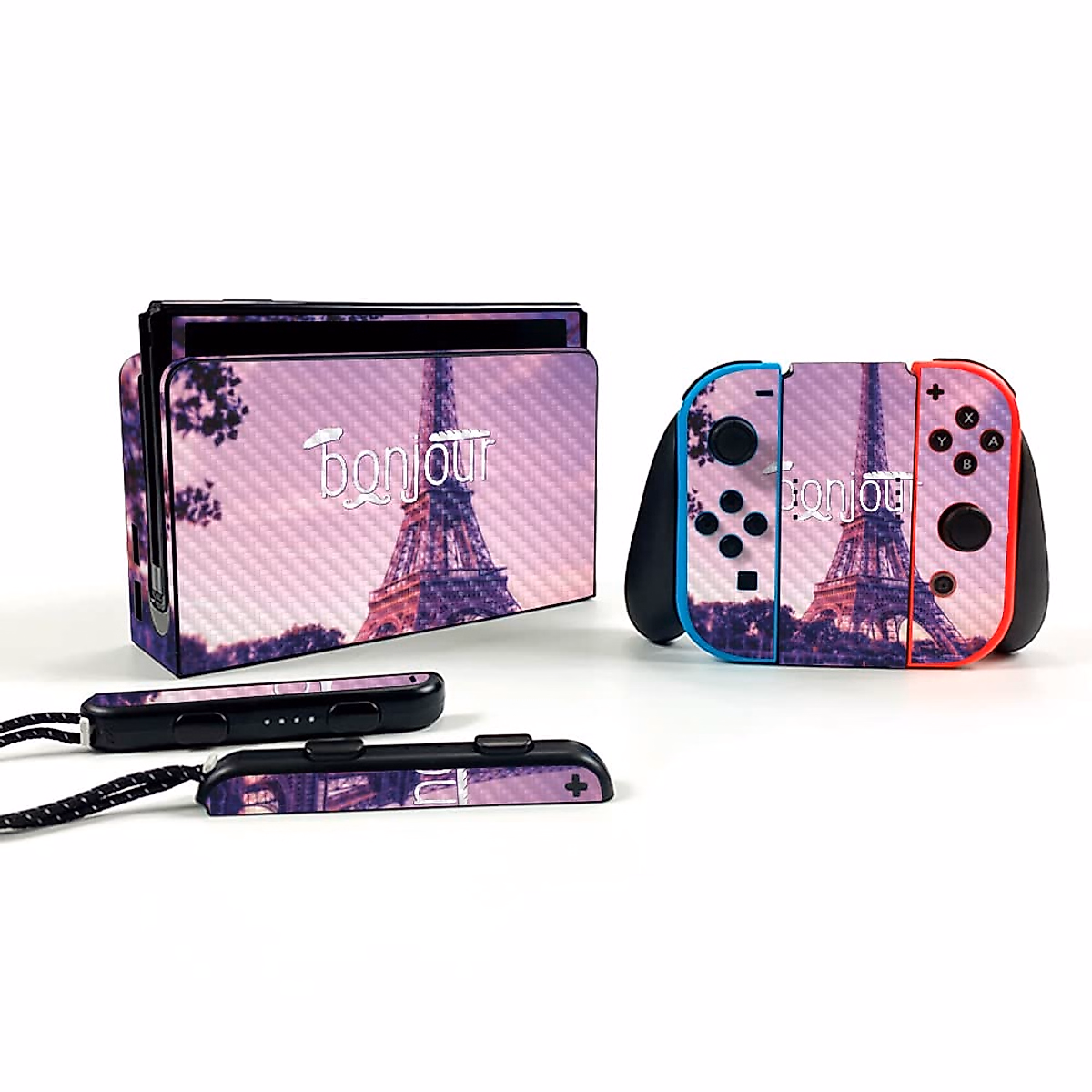 MightySkins Carbon Fiber Skin Compatible with Nintendo Switch OLED - Bonjour | Protective, Durable Textured Carbon Fiber Finish | Easy to Apply, Remove, and Change Styles | Made in The USA