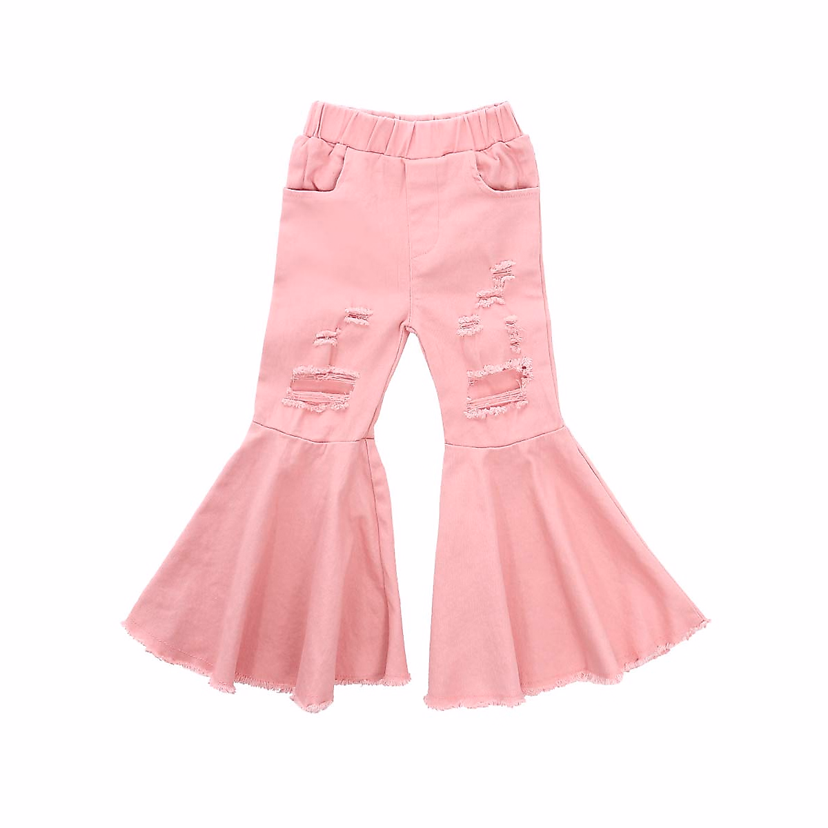 ICECTR Toddler Baby Girls Kid Flared Denim Pants Ruffled Wide Legs Ripped Jeans High Waist Bell Bottoms Casual Outfit (Pink, 3-4T)