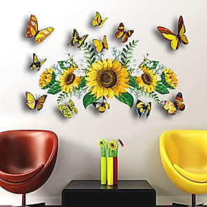 Sunflowers Wall Decal with 12 PCS 3D Colorful Butterfly Wall Stickers for Nursery Bedroom Bathroom Kitchen, Removable Yellow Flower Mural DIY Wall Art Decor Home Decorations for Living Room