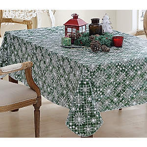 Newbridge Snowfall Snowflake Plaid Christmas Print Vinyl Flannel Backed Tablecloth Contemporary Snowflake Design Easy Care Wipe Clean Xmas Tablecloth, 60 Inch x 102 Inch Oblong/Rectangle, Green