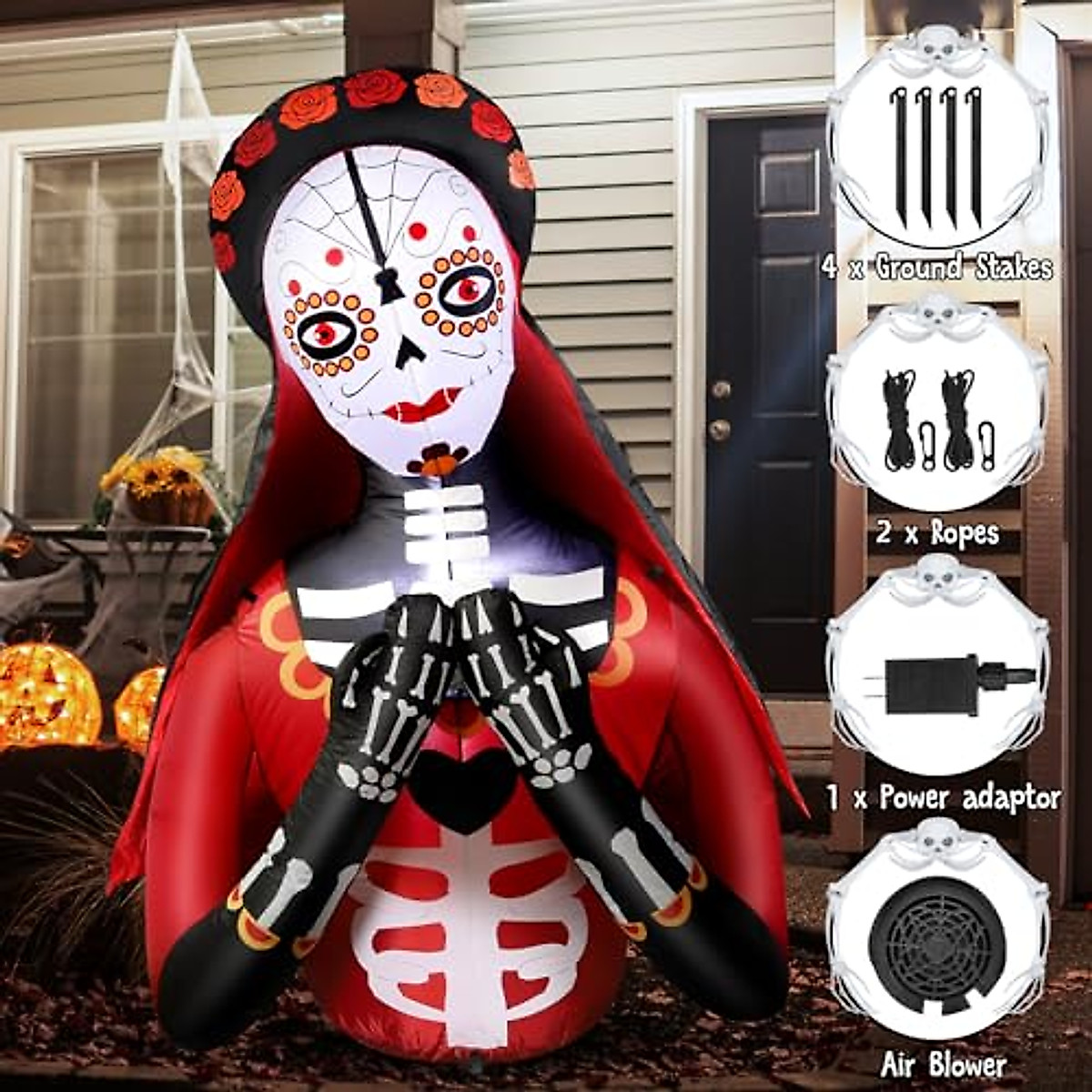 5FT Halloween Inflatables Day of The Dead Sugar Skull Blow Up Decorations with LED Lights and Built-in Sandbags, IDia De Los Muertos Decoration for Holiday Party Indoor Outdoor Garden Lawn Decor
