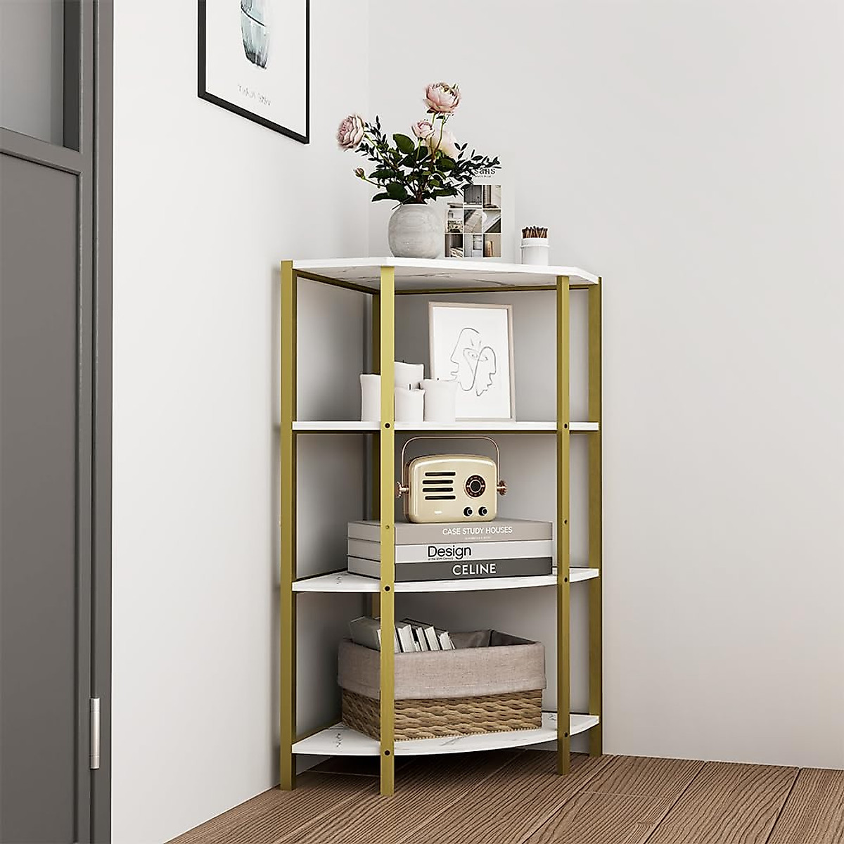 AMZOSS 4 Tier Corner Shelf Stand, Kitchen Shelf Organizer with Faux Marble Shelf and Gold Metal Frame, Freestanding Corner Shelf Display Rack for Living Room, Bathroom, Kitchen, Small Space