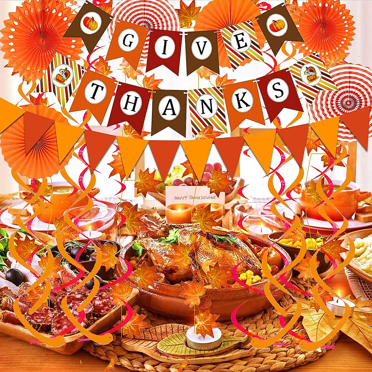 Give Thanks Banner Orange Paper Triangle Flag Bunting Maple Leaf Hanging Garland and Paper Fan Flower Swirl Streamers for Thanksgiving Theme Party Decoration