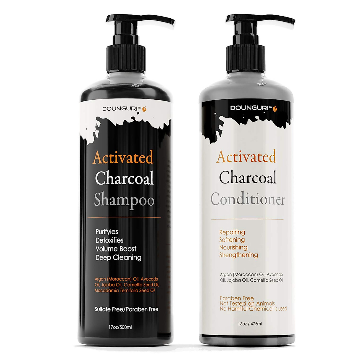 DOUNGURI Sulfate Free Activated Charcoal Hair Shampoo and Conditioner for Clarifying, Detoxification and Volumizing 16oz – Organic Ingredients: Argan (Moroccan), Avocado (Shampoo and Conditioner)