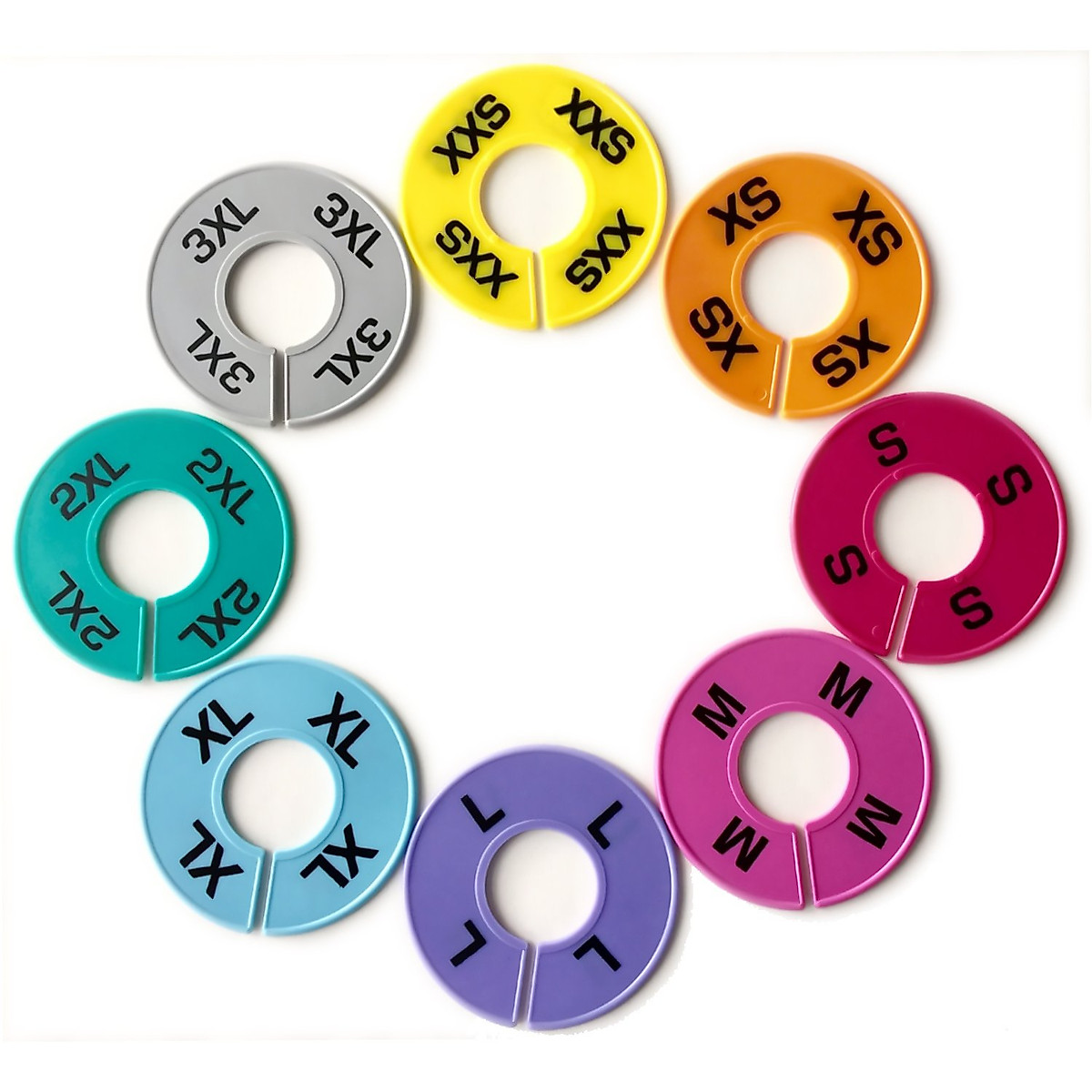 discount sizing Set of Colored Clothing Round Rack Size Dividers (XXS - 3XL) Various Quantities Available (16)