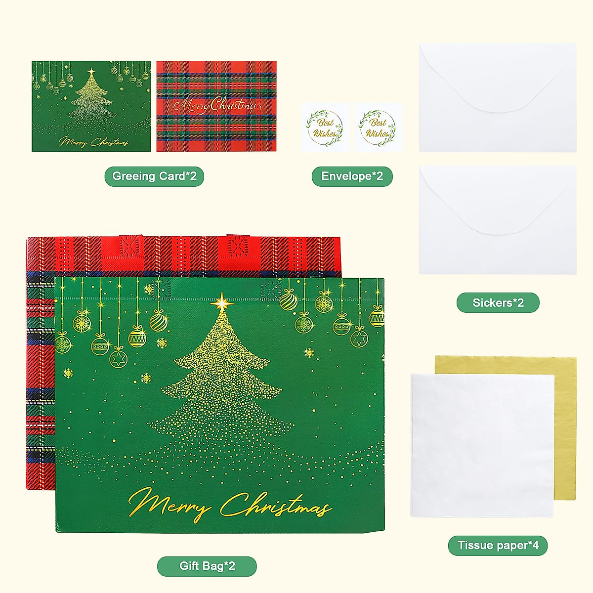 YANGTE 2 Pack 13" Large Christmas Gift Bags with Tissue Paper, Reusable Non-Woven Christmas Bag with Handles for Holiday Presents Wrapping, Christmas Tote Bags for Gifts Wrapping Xmas Party Favors