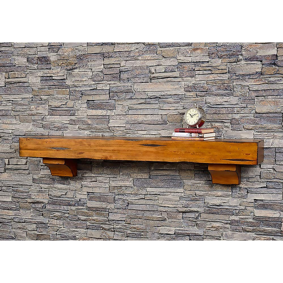 48 Inch Floating Fireplace Mantel Wood Shelf In Chestnut Rustic - Breckenridge From Mantels Direct | With Corbel Bracket Arches | Wooden Rustic Wall Shelf Perfect for Electric Fireplaces and Décor