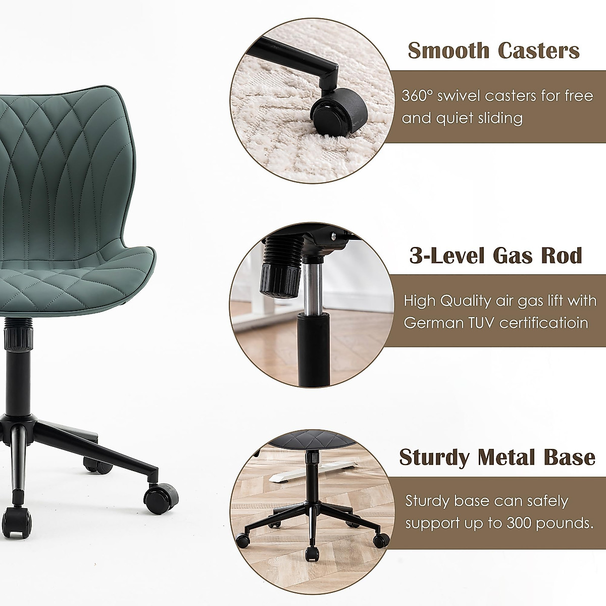 YOUNUOKE Armless Desk Chair Comfy Office Chair with Wheels Home Ergonomic Task Chair Adjustable Computer Chairs Modern Faux Leather Swivel Chair Upholstered Makeup Vanity Chair(Grayish Green)