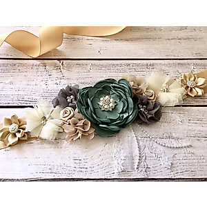 Sage Forest Green Flower Belt Sash Bridal Maternity Belly Band Brown Gray Flowers Baby Shower Gender Reveal Keepsake Gift