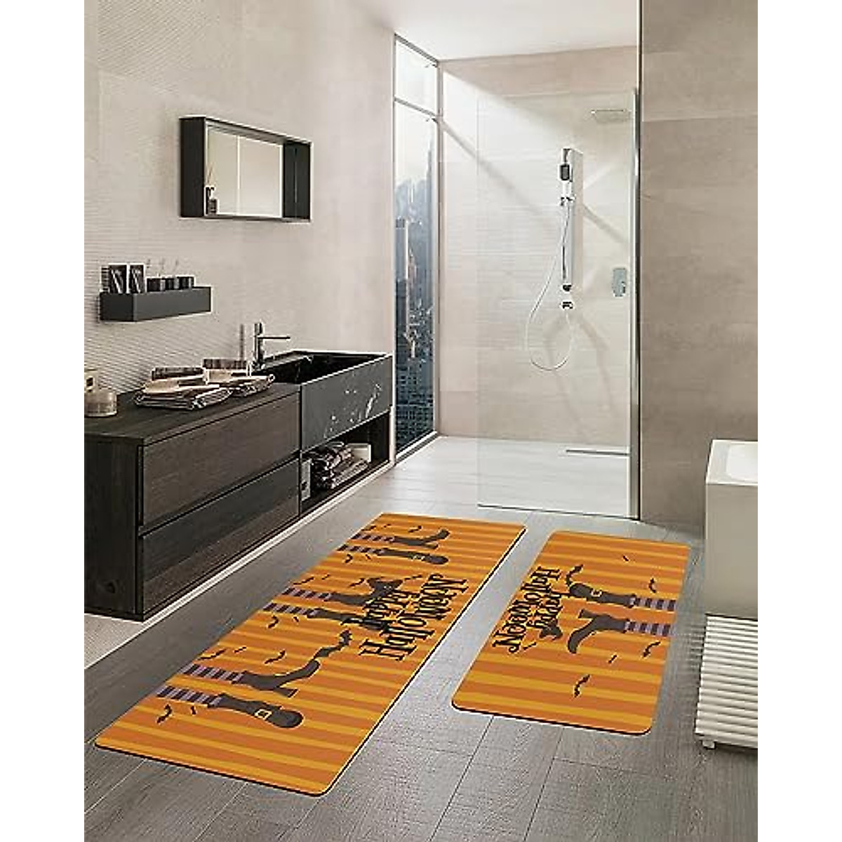 Halloween Bath Mat for Tub,Non Slip Bathroom Floor Runner Rug Quick Dry & Absorbent Diatomaceous Earth Shower Sink Kitchen Washable Doormat,Witches Boot Bats Orange Geometry Stripes 18x30+18x60