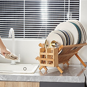 NOVAYEAH Bamboo Dish Drying Rack-2 Tier, Collapsible Small Dish Rack with Utensil Holder, Wooden Drying Rack for Kitchen Counter, Apartment Essentials Kitchen Plate Holder, Kitchen Organization