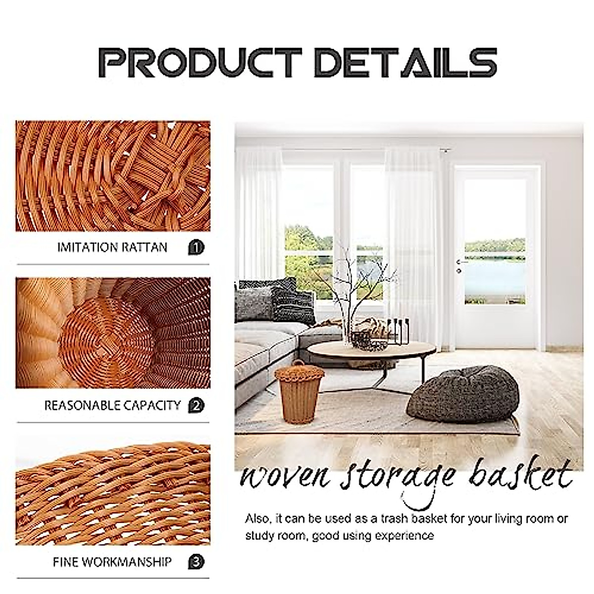 OUNONA Woven Storage Baskets with Lid: Round Wicker Waste Paper Basket Wastebasket Garbage Bin Trash Can for Bedroom Bathroom Kitchen Home Office