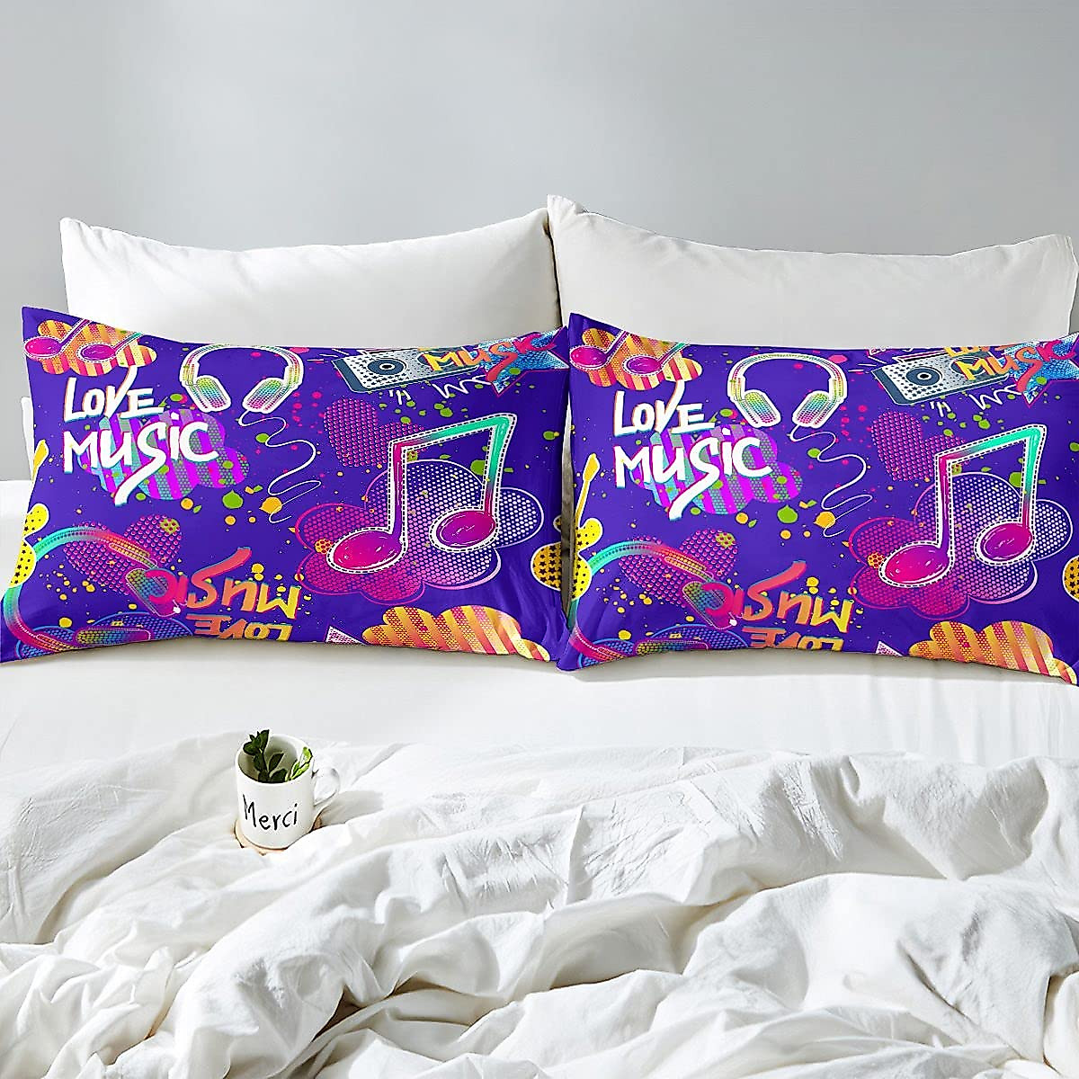 Erosebridal Musical Notes Bed Sheets Full Size,Music Headphone Radio Sheet Set Music Theme Bedding Set for Girls Teens Women,Hippie Colorful Graffiti Fitted Sheet + Flat Sheet + 2 Pillow Cases