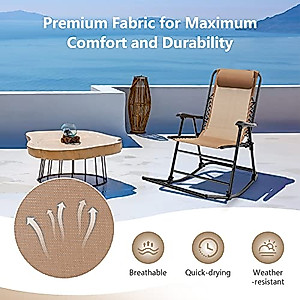 Tangkula Outdoor Folding Rocking Chair, No Assembly Required, Foldable Rocker Recliner with Headrest, Portable Lounge Chair for Camping, Patio, Lawn, Garden, Yard or Balcony Beige