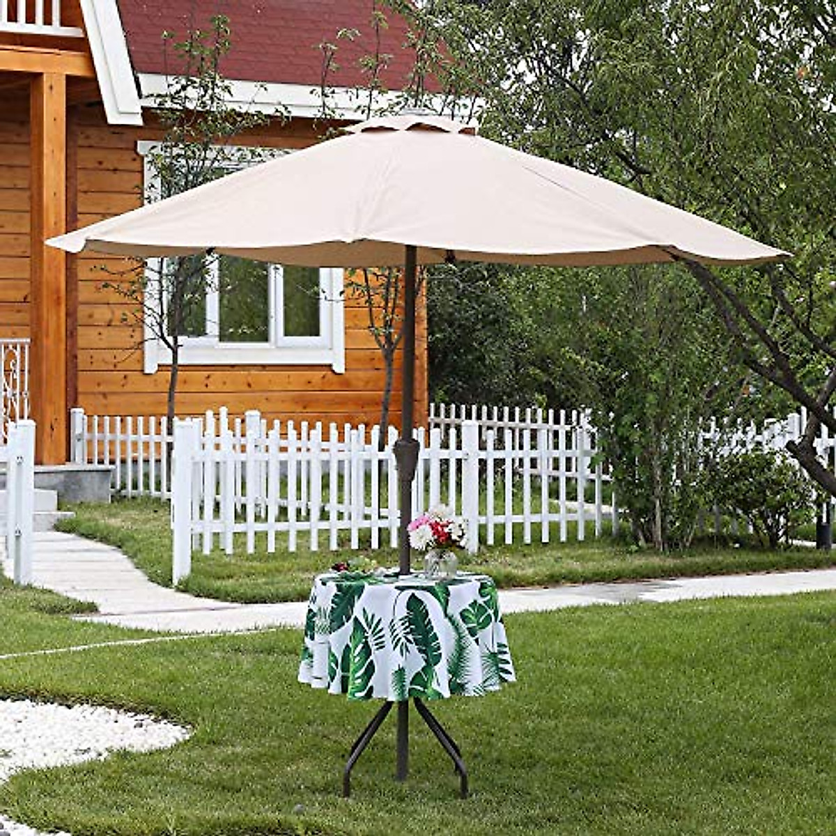 Poise3EHome 60 inches Outdoor/Indoor Waterproof Tropical Round Tablecloth with Umbrella Hole Zipper Green for Camping Picnic Party Patio Table Spring, Palm Leaf