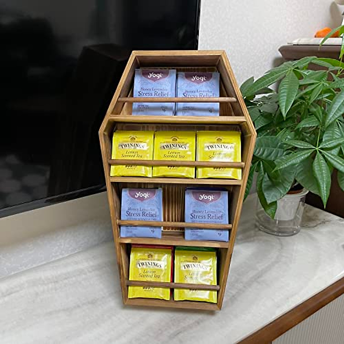 Halloween Decoration-Wooden Coffin Shaped Tea Bag Holder-Gothic Vertical Tea Bag Organizer-Tea Storage Chests-Holds 120 Tea Bags-for Home, Office or Café,Crystal, Agate,Sugar Packets (Pine)